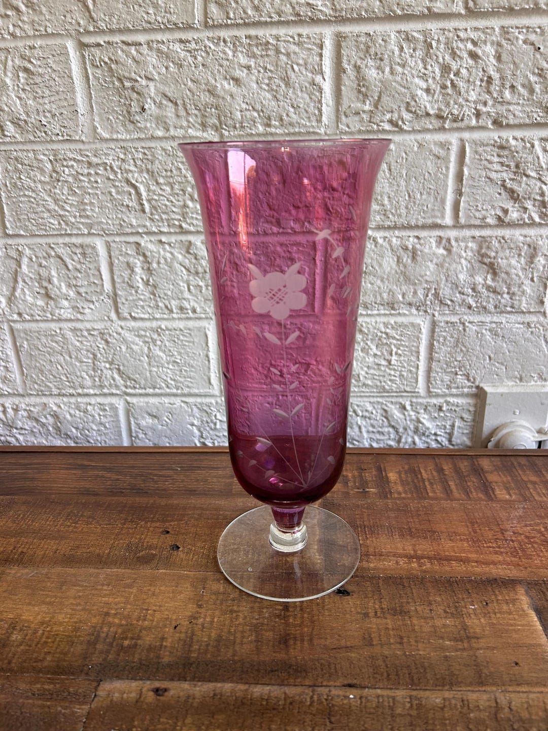 Vintage Cranberry Etched Crystal Vase - Etsy