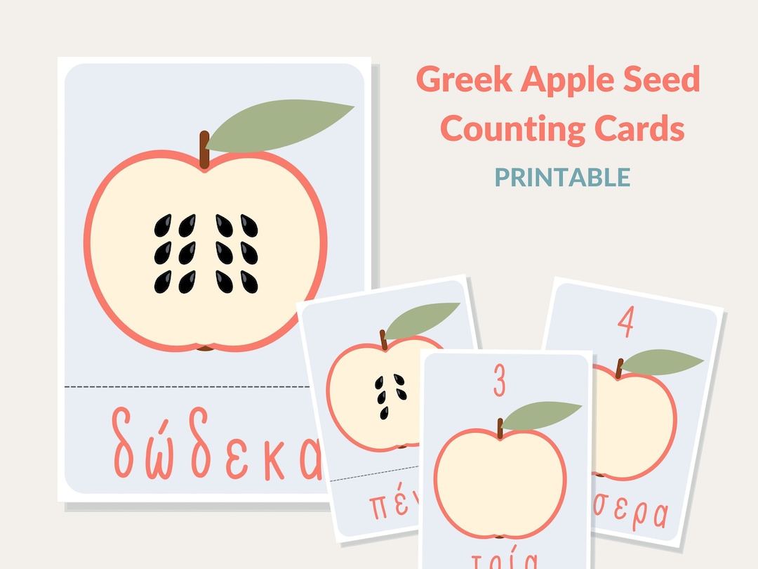 Tarjetas griegas de conteo de semillas de manzana, conteo de números de ...