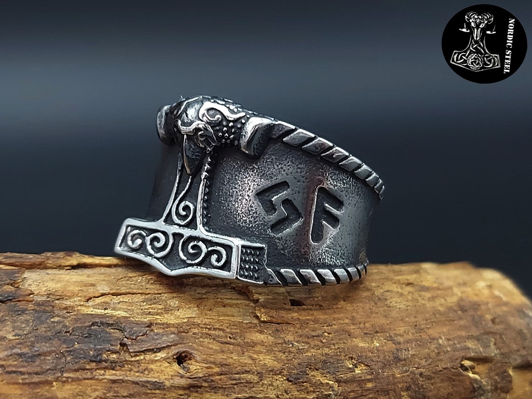 Ring Stainless Steel Thors Hammer Runes Runic Script Viking NEW - Etsy