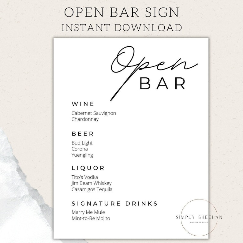 Open Bar Sign, Wedding Bar Sign, Editable Sign, Custom Bar Sign ...