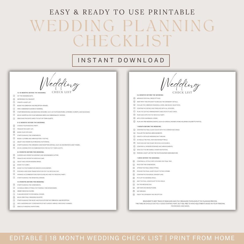 Wedding Planning Checklist, Wedding Planner Printable, Editable Wedding ...