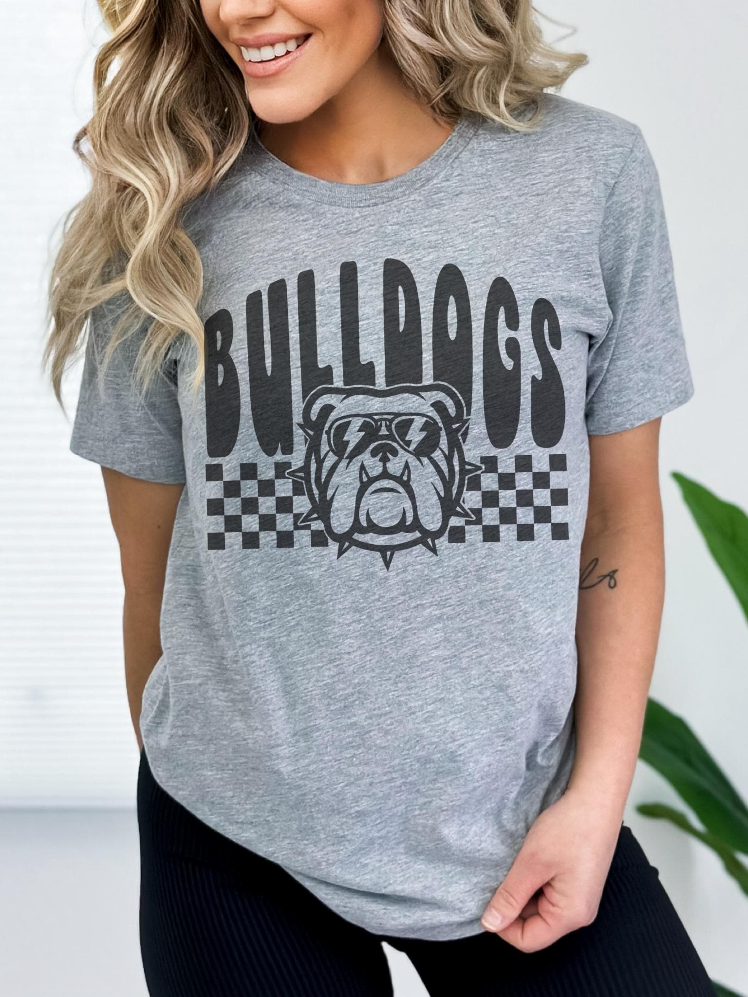 Bulldogs T-shirt for Women | Mascot Graphic Tee With Checkered Print ...