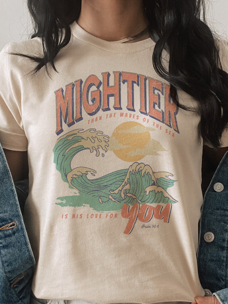 Mightier Than the Waves , Christian Tshirt, Retro Smile Face, Smiley ...