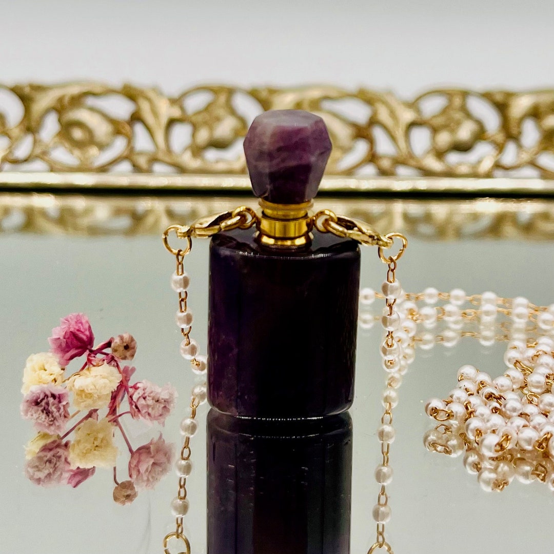 Amethyst Crystal Perfume Bottle Pendant Necklace With Pearl Lasso Chain ...