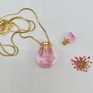Glass Perfume Bottle Necklace, Pink Crystal Rose Glass Pendant, Gold Chain, Mini Refillable ...