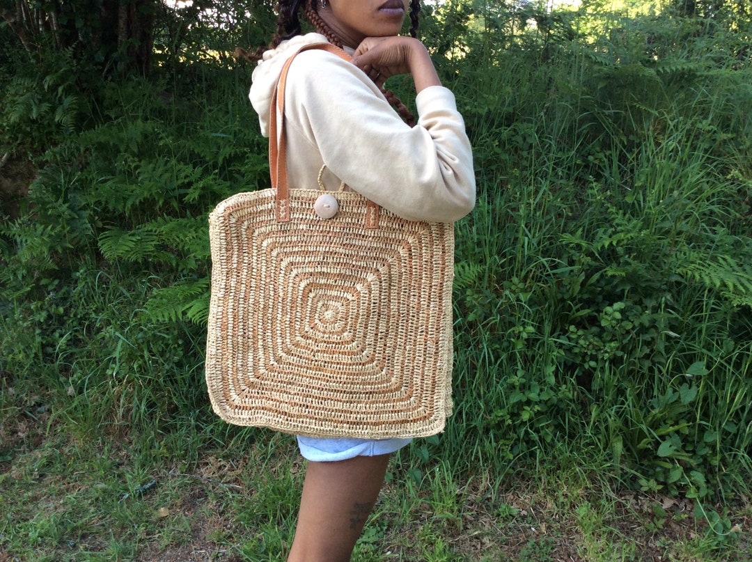 Madagascar Raffia Crochet Bag, Tea Color, Long Handles, Wicker Straw - Etsy