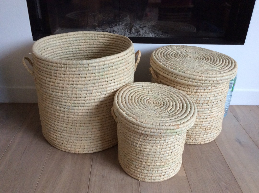 Laundry Basket, Madagascar Raffia Basket With Lid, 3 Sizes, Decorative ...