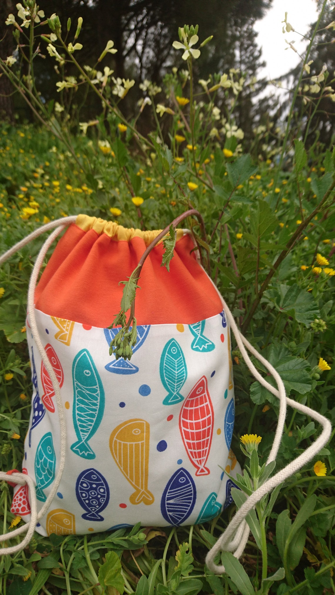 Cotton Drawstring Backpack for Kids. Fully Lined, Handmade. Bag for ...