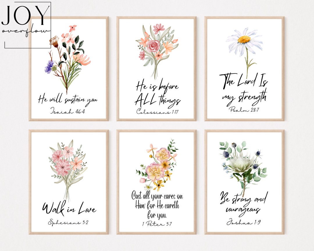 Wall Art Set of 6, Scripture Artwork, Set of 6 Prints, Floral Artwork ...