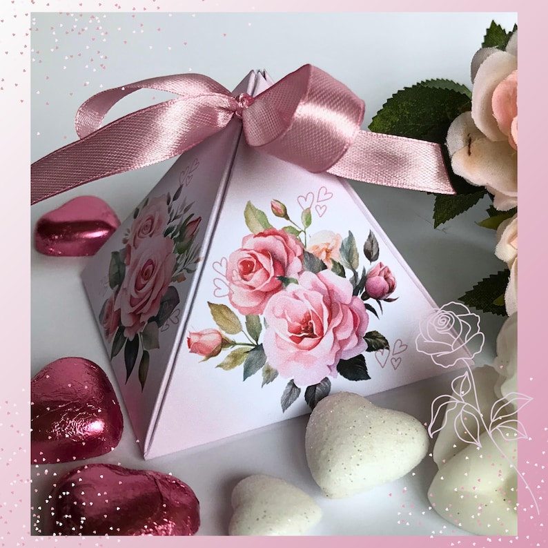 Printable Mini Gift Box Party Favor Box DIY Pyramid Pink Roses Gift Box ...