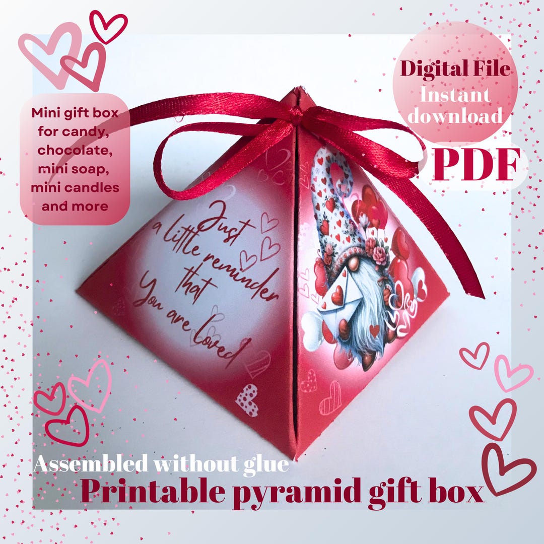 Valentine's Day Gnome DIY Mini Pyramid Gift Box Printable Template (PDF ...