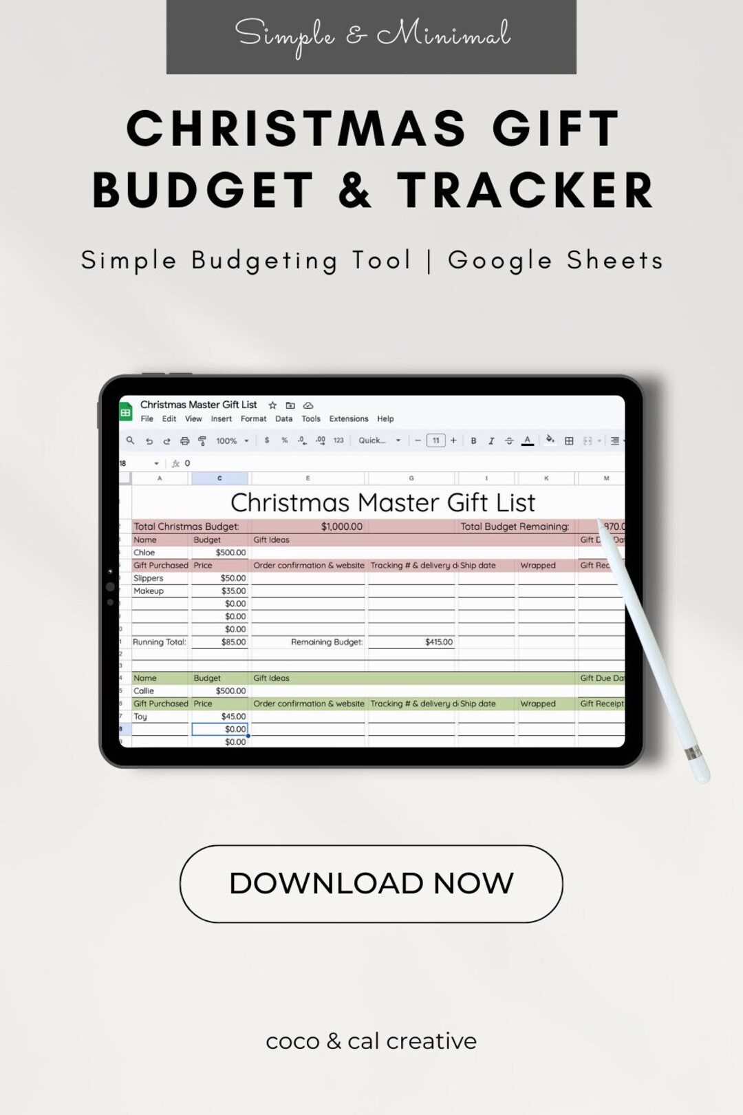 SIMPLE CHRISTMAS BUDGET & Gift Tracker Christmas Budget Tracker Simple ...
