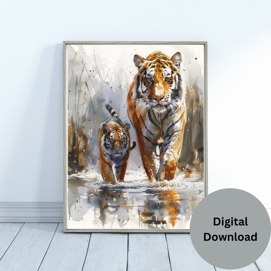 Tiger and Cub Wall Art Water Color, Tiger, Watercolor Painting. Tiger ...