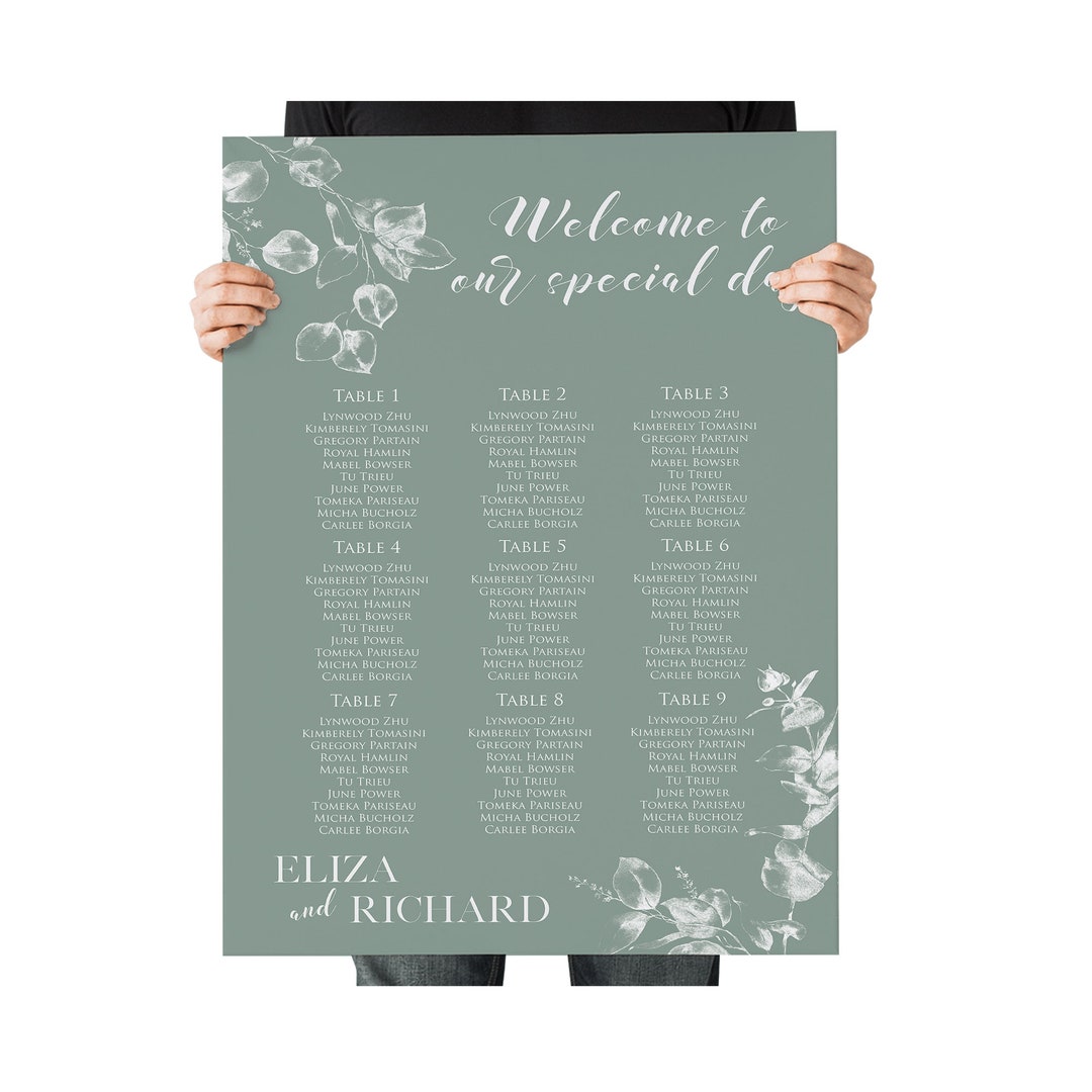 Sage Wedding Seating Chart, Green Floral Table Plan, Pastel Botanicals ...