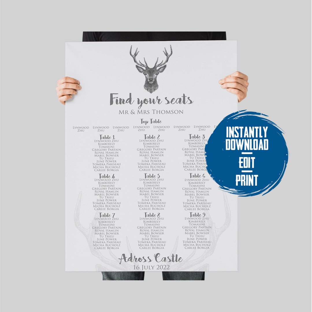 Stag Wedding Seating Chart | Editable Country Wedding Table Plan ...
