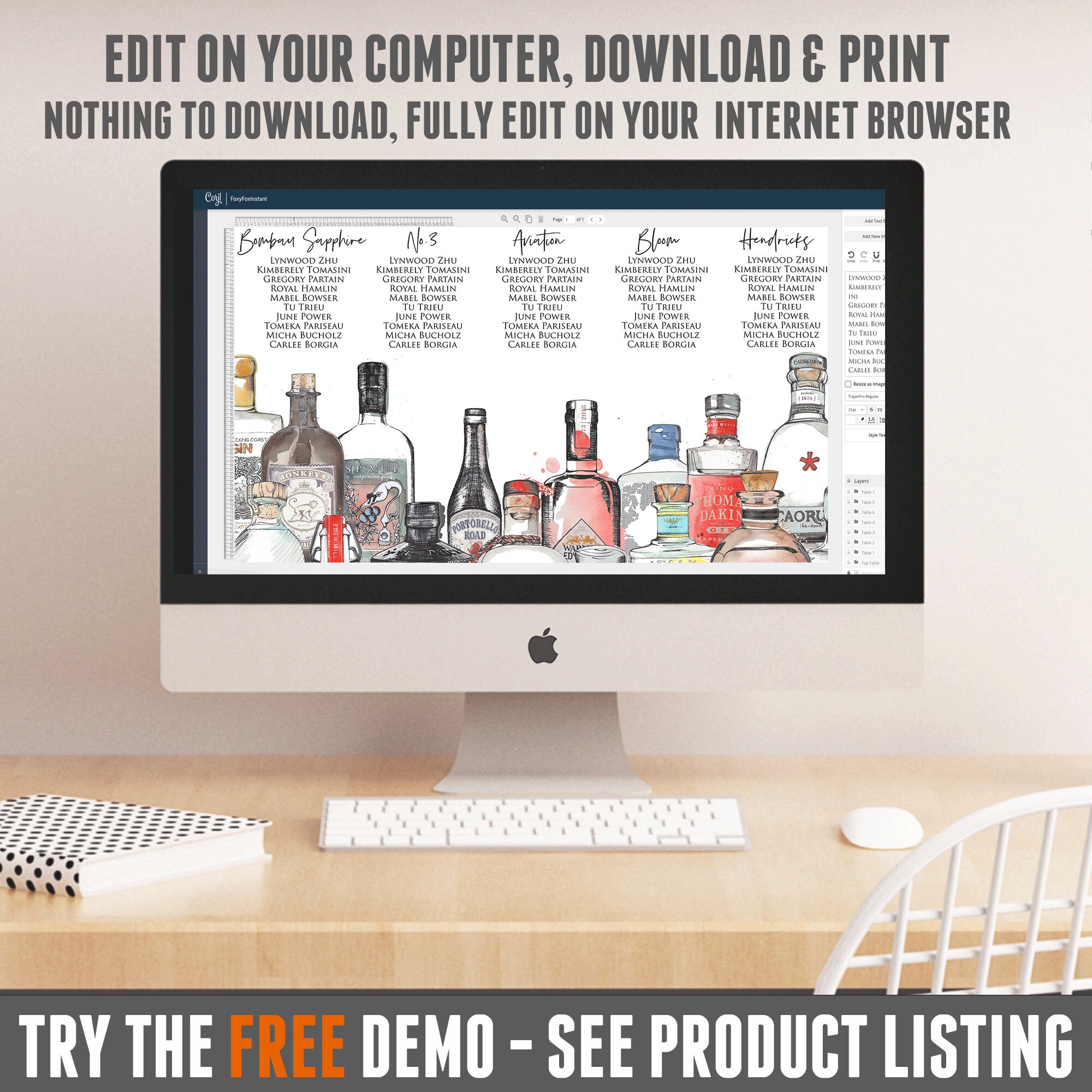 Seating Chart Template Gin Bottle Gin Wedding Table Plan - Etsy