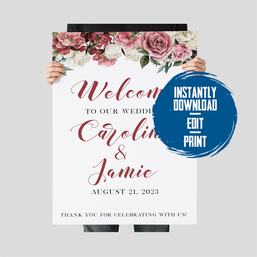 Floral Wedding Welcome Sign | Mauve Rose Decor (canva Template) - Etsy
