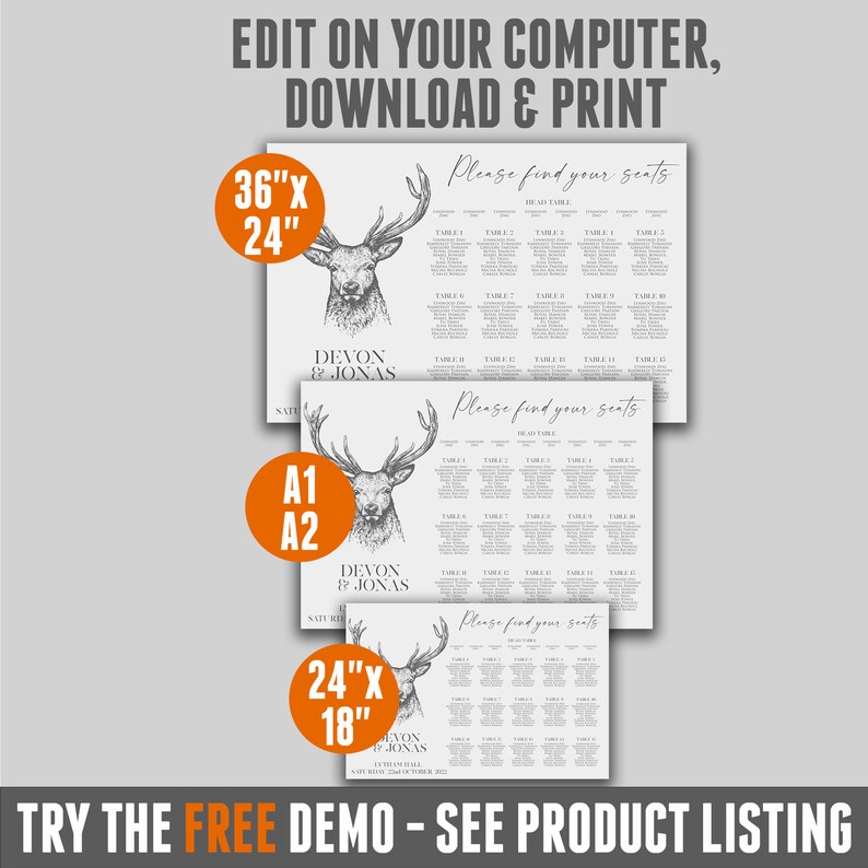 Rustic Stag Wedding Seating Chart, Printable Table Plan (digital ...