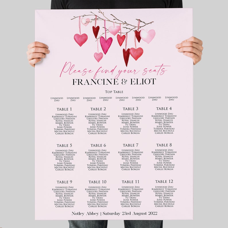 Love Heart Blush Pink Wedding Seating Chart, Table Plan Template ...