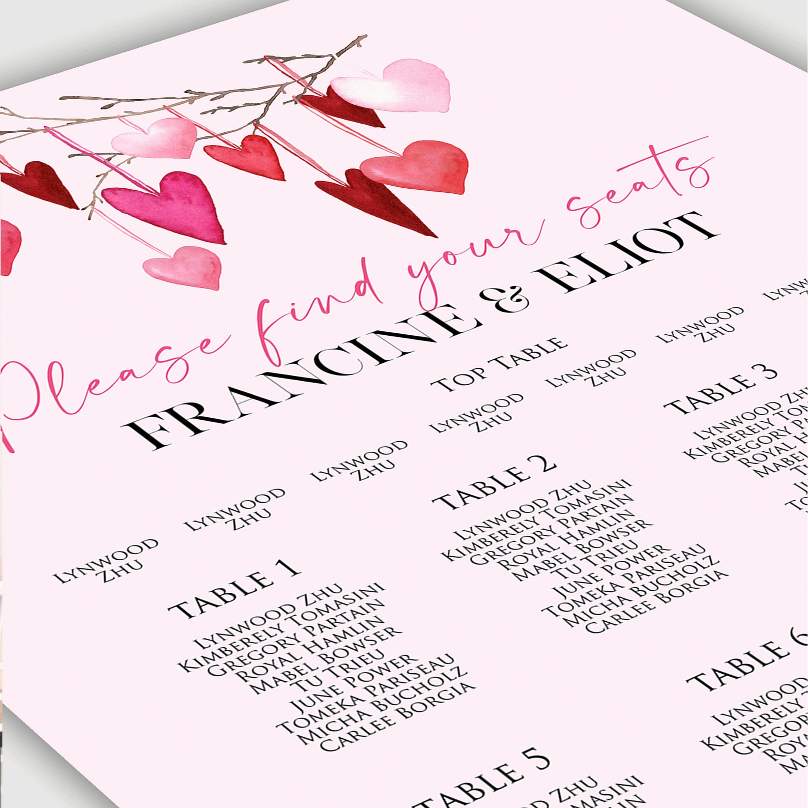 Love Heart Blush Pink Wedding Seating Chart, Table Plan Template ...