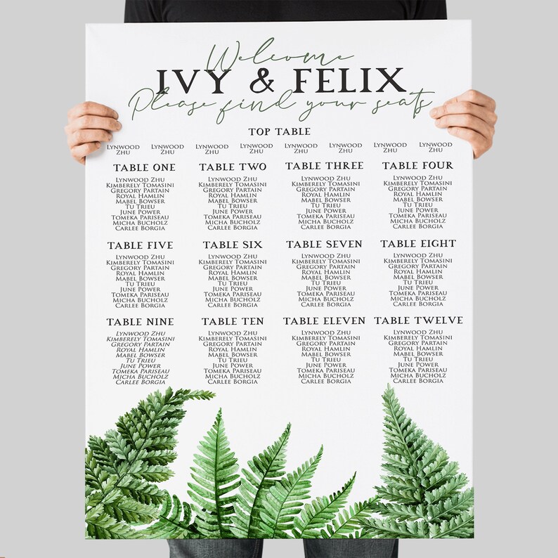 Sage Green Leaf Fern Foliage Wedding Seating Chart Garden - Etsy