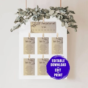 Printable Rustic Wedding Seating Chart Cards | Editable Download ...