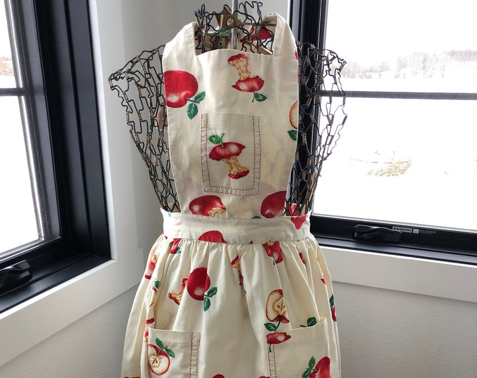 Vintage 1960s Apron Cream Cotton Bib Style With Red Apple Print and Red ...