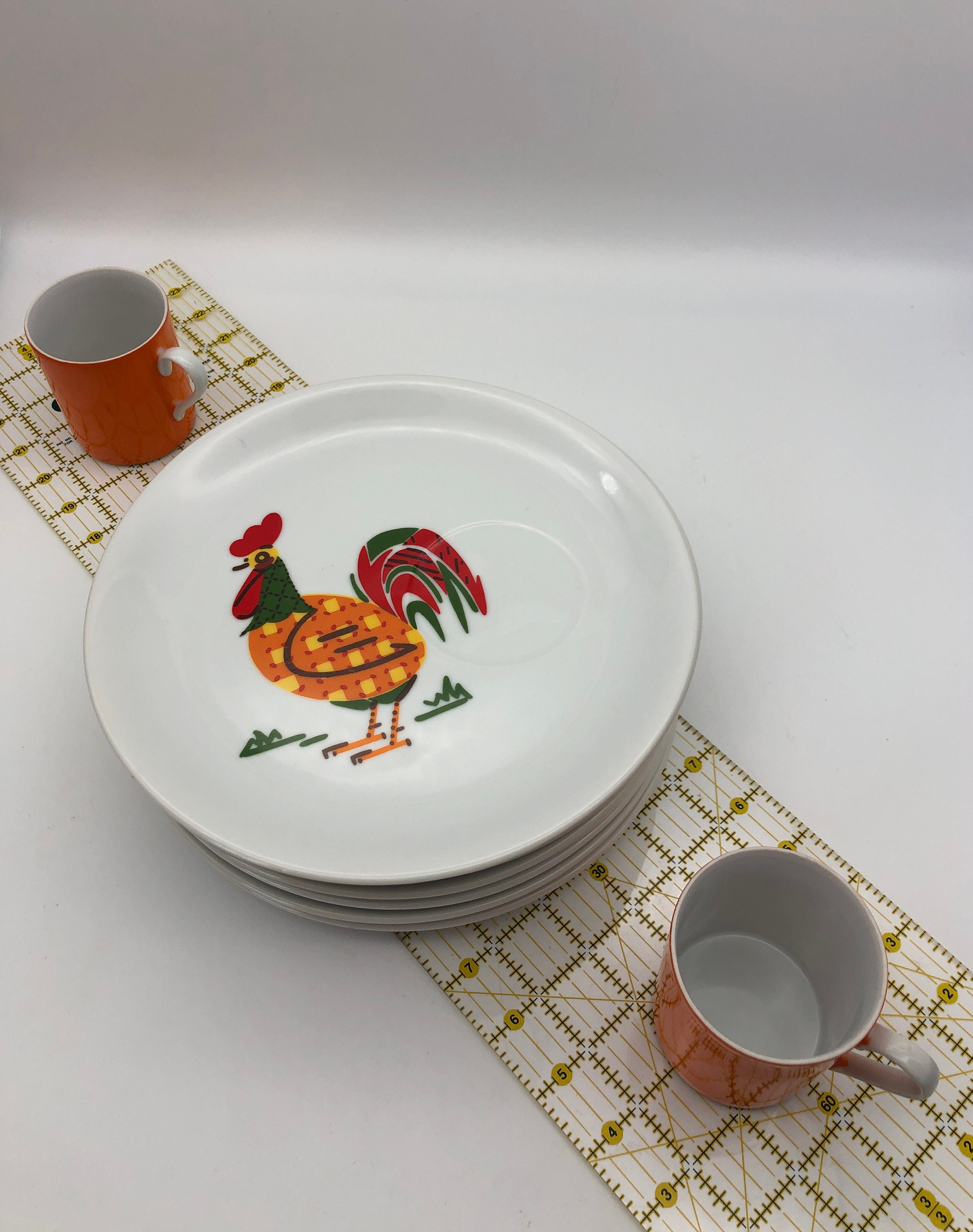 Vintage Calico Rooster Snack Plate & Cup Set of 8 Midcentury - Etsy