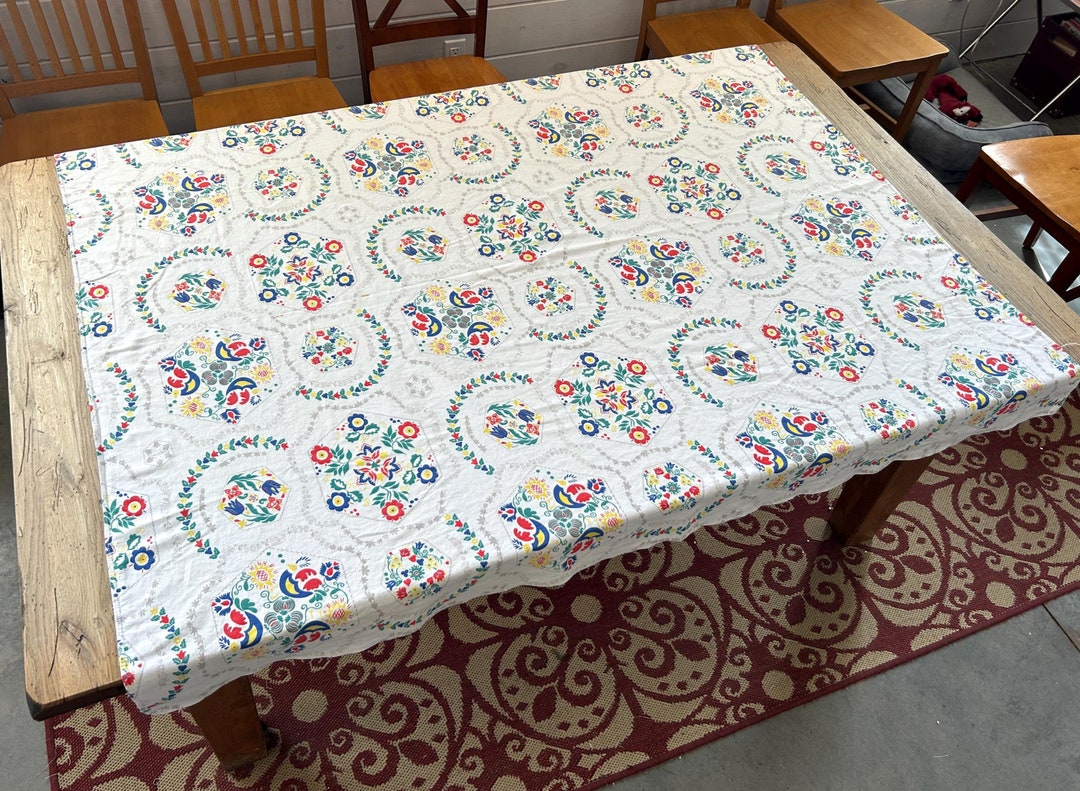 Vintage Tablecloth Scandinavian Rosemaling Floral Design Tulips & Birds ...