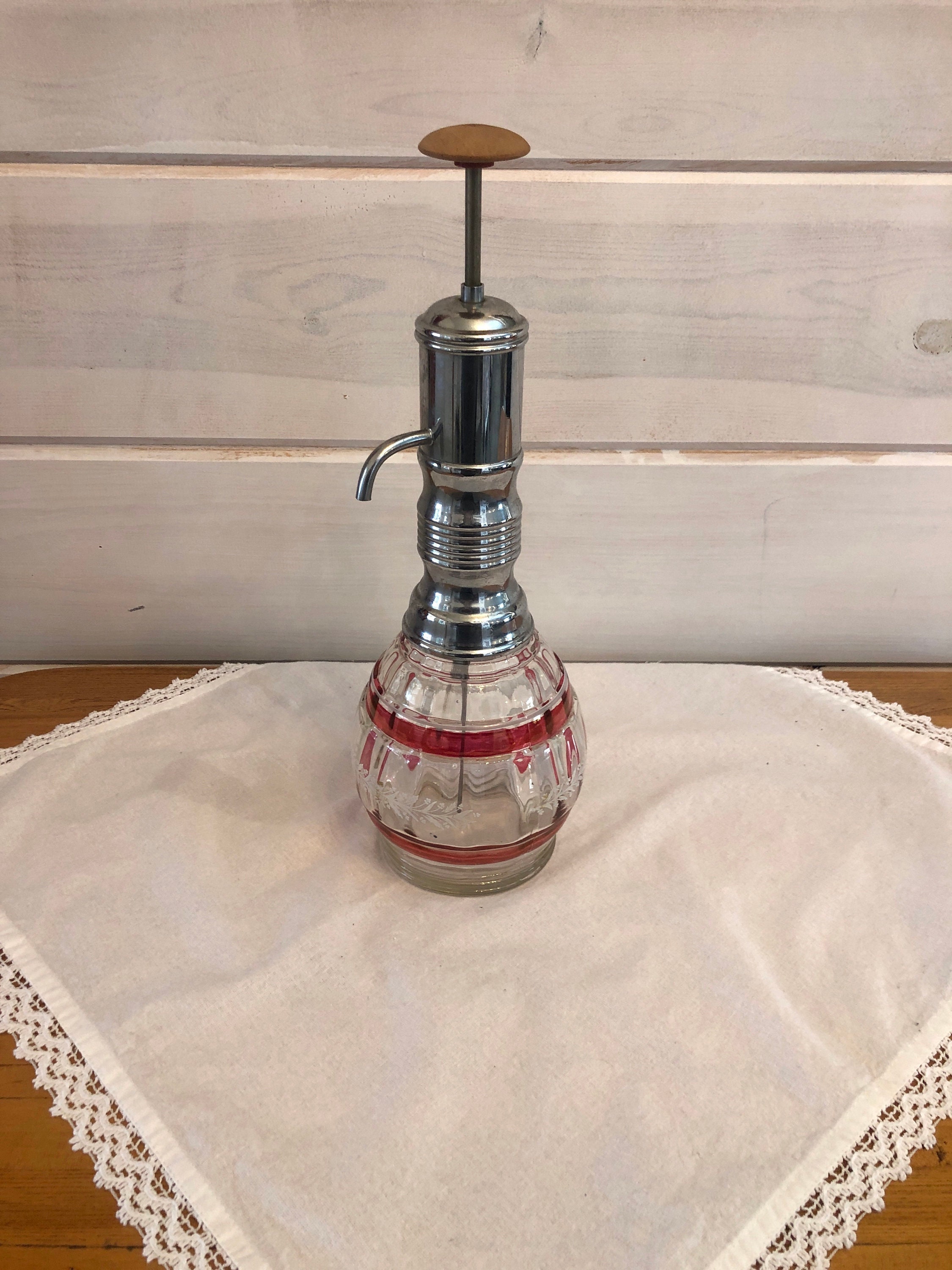 1930s Hazel Atlas Liqueur Dispenser, Depression Glass and Chrome, Soda ...