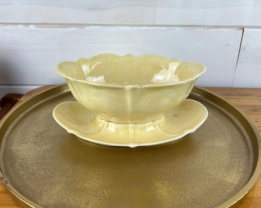 Vintage Pale Yellow Pottery Serving Bowl With Drip Tray - USA Pottery ...
