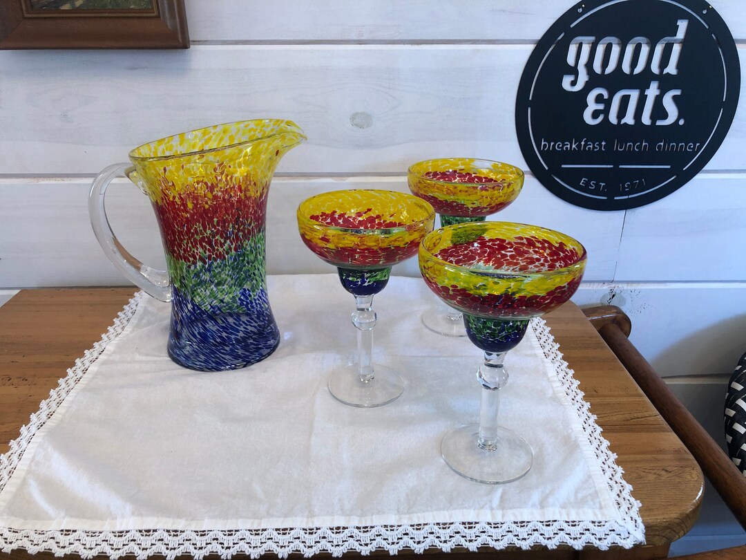 Vintage Mexican Hand Blown Confetti Glass Pitcher and 3 Margarita ...