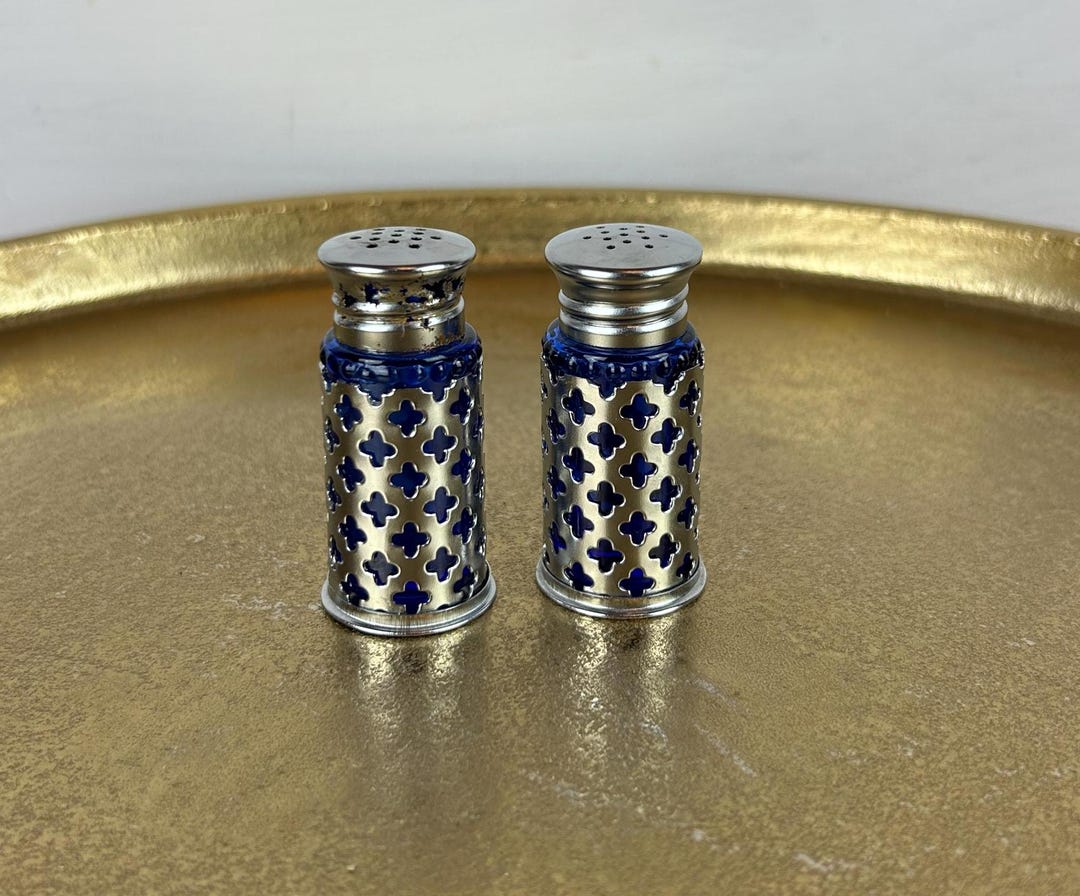 Vintage Cobalt Blue Glass and Stainless or Silver Plate Salt & Pepper ...
