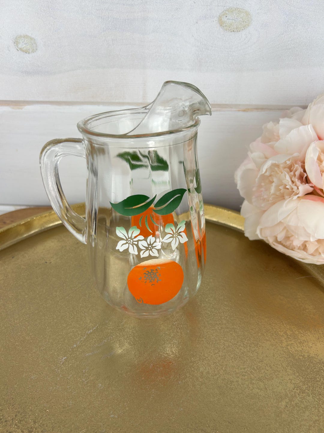 Vintage Orange Juice Pitcher With Orange Floral Graphics, Ice Guard ...