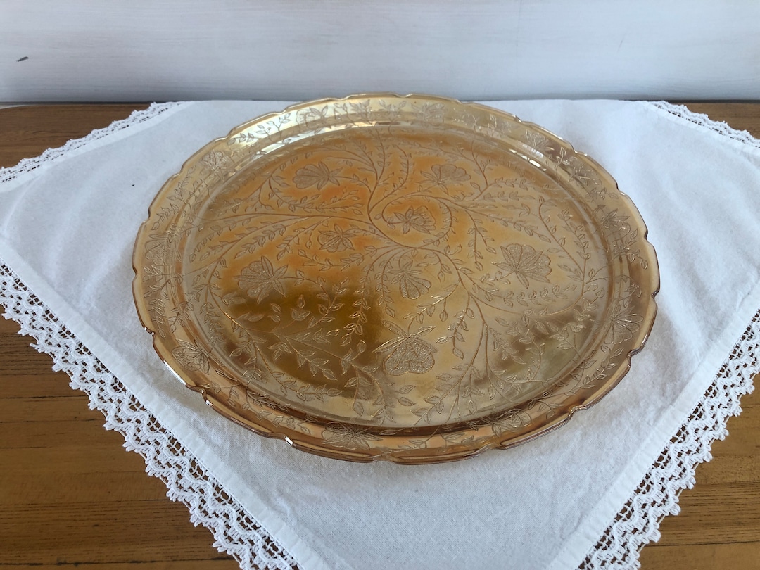 1950s Jeanette Glass Large Round Platter Tray, Marigold Iridescent ...