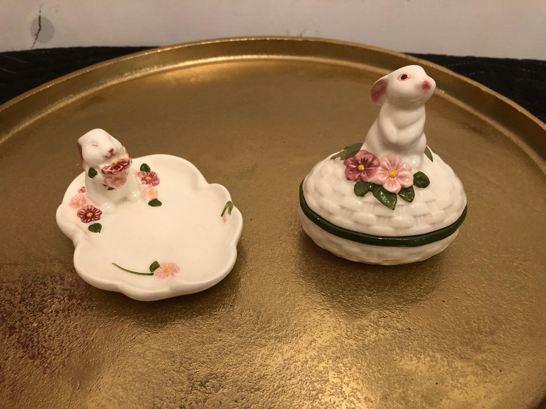 Vintage Avon Bunny Rabbit Porcelain Trinket Box and Dish Set Made in ...