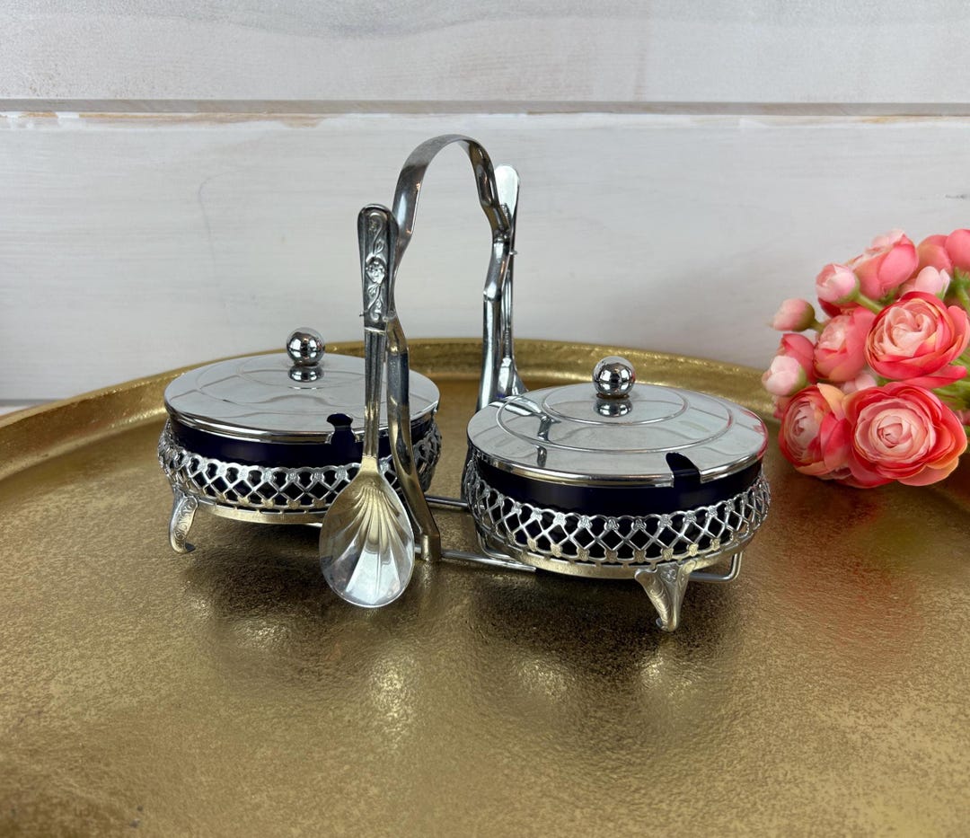 Vintage Mayell England Cobalt Blue Glass & Chromium-plate Preserves ...