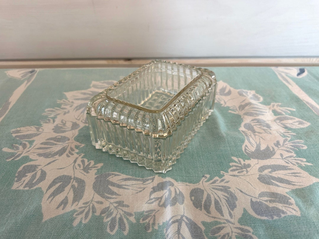1940s Depression Glass Ribbed Covered Box, Cigarette Box, Jewelry ...