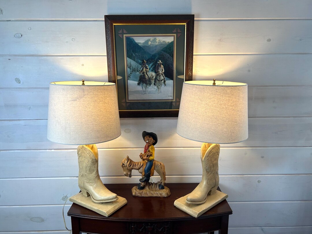 Rare Lamp Set; Pair of Cowboy Boot, Realistic Life Size, Plaster Table ...