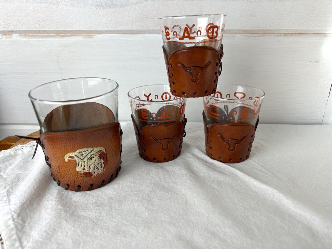 1960s Western Brand Bamco Glasses by Libbey Tooled Leather Steer Horse ...