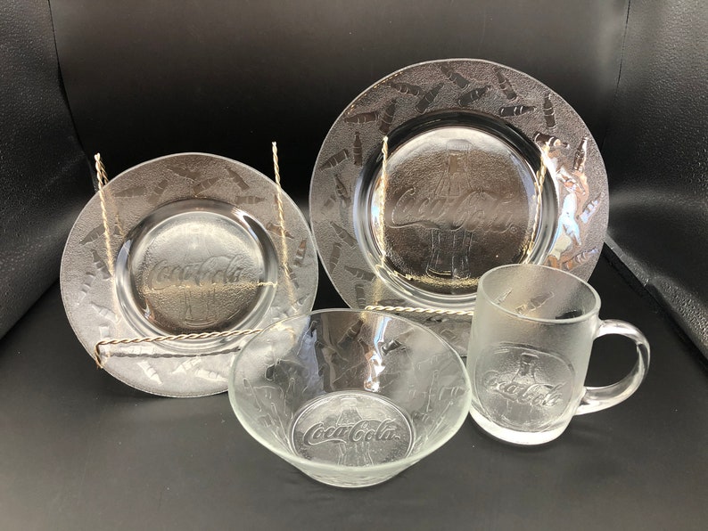 Vintage Coca-cola Frosted Glass Lunch Set: 16-piece Arcoroc Coke Theme ...
