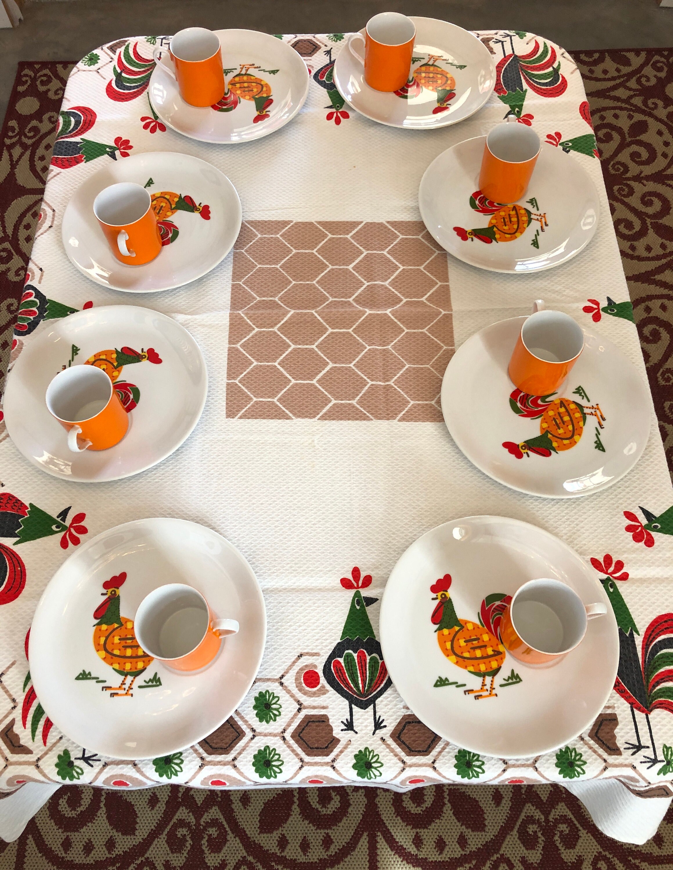 Vintage Calico Rooster Snack Plate & Cup, Set of 8, Midcentury Modern ...