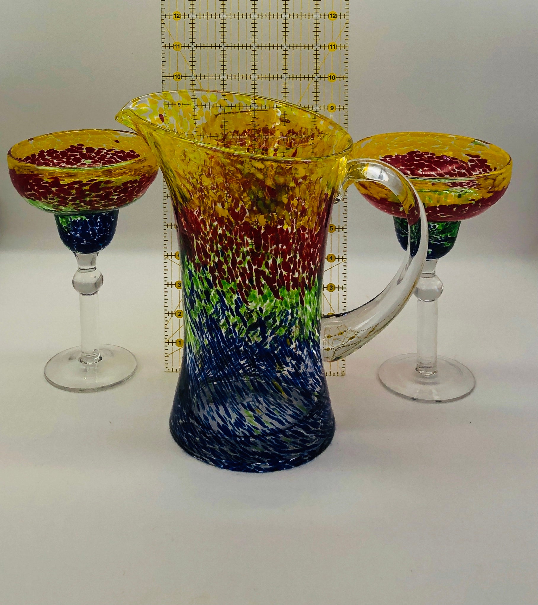 Vintage Mexican Hand Blown Confetti Glass Pitcher and 3 - Etsy