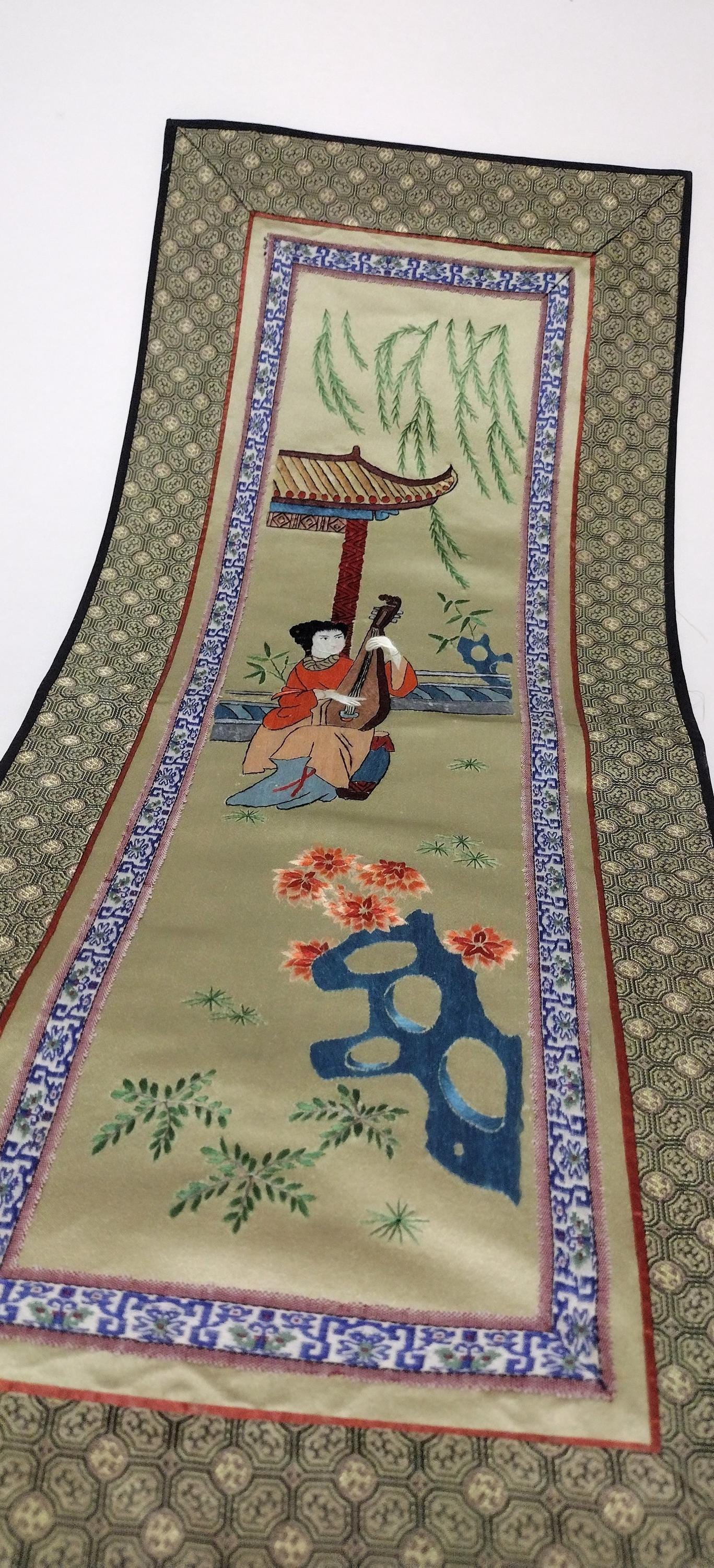 Vintage Chinese Silk Embroidery Table Runner: Unframed Musical Oriental ...