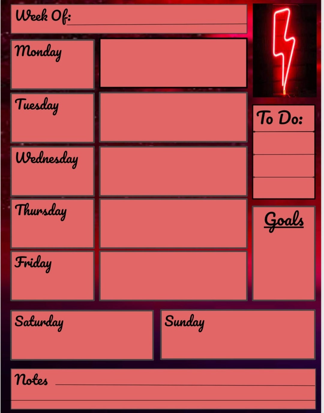 Red Lightening Theme Weekly Planner/ Schedule - Etsy