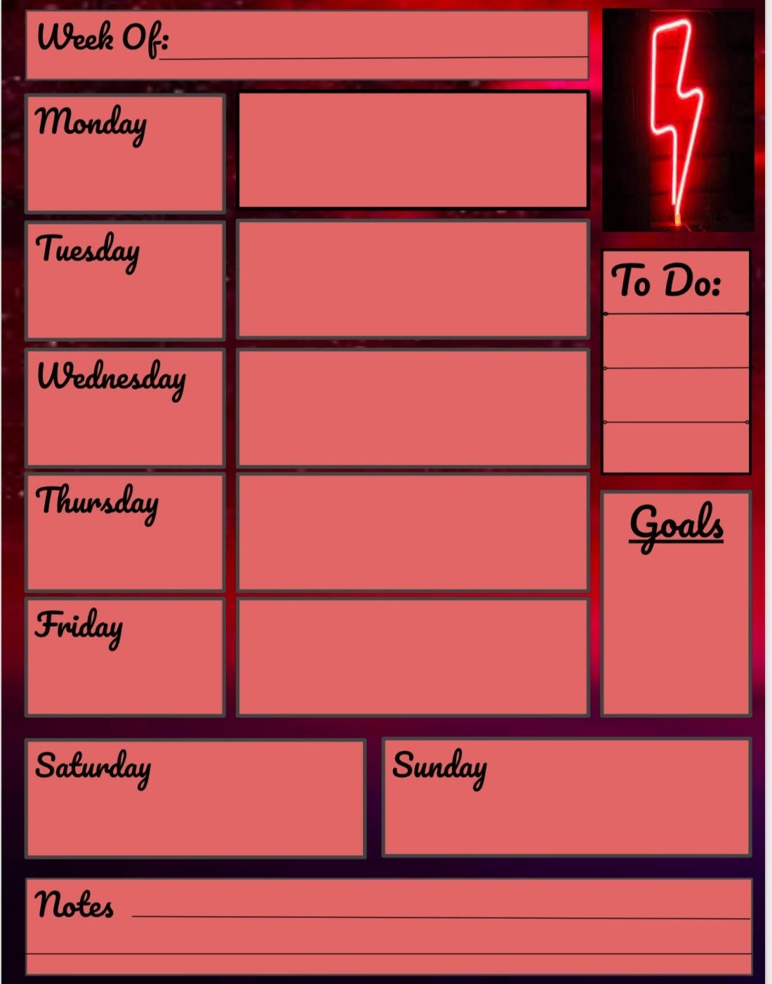 Red Lightening Theme Weekly Planner/ Schedule - Etsy