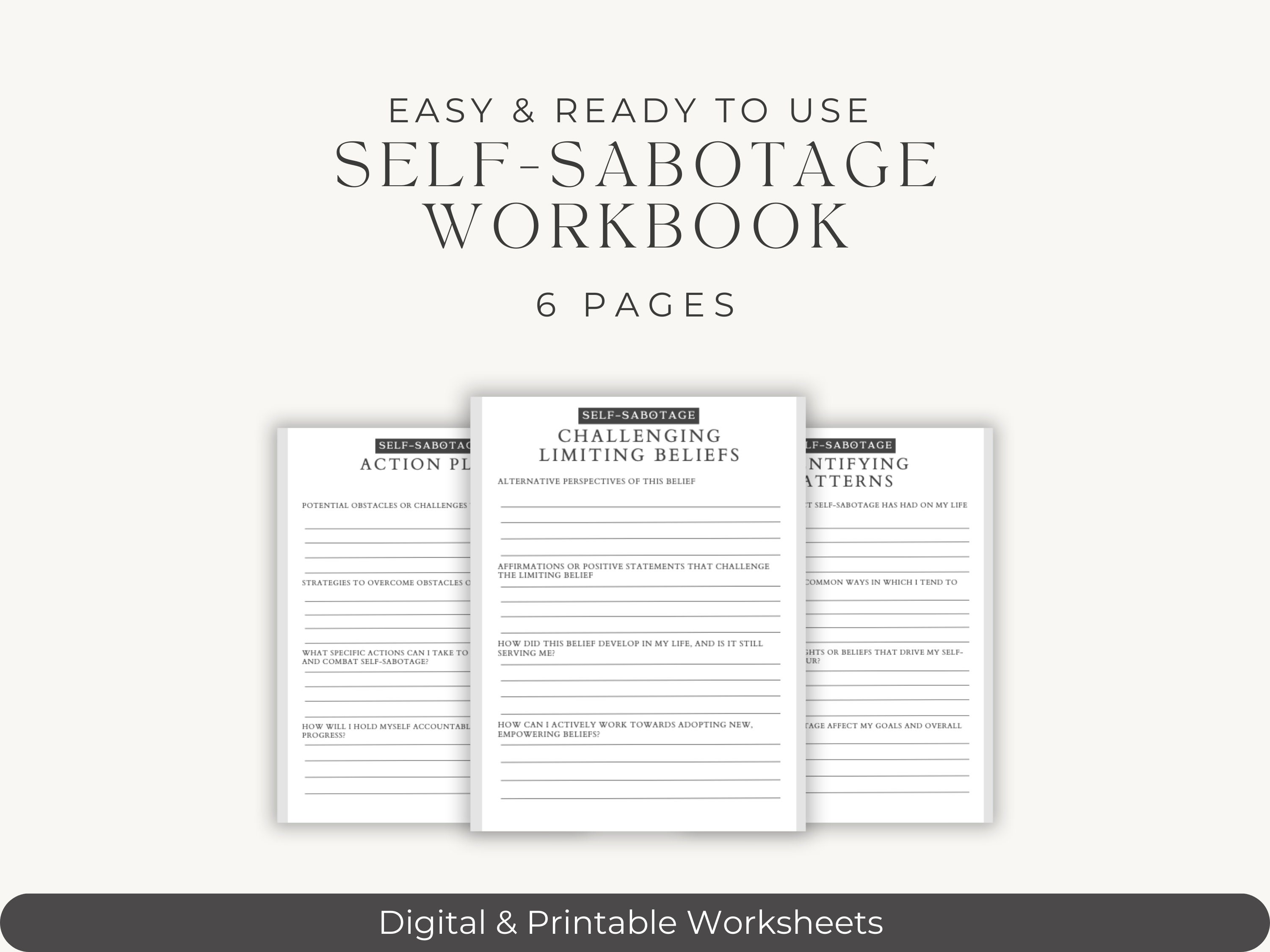 Conquer Self-sabotage: Printable & Digital Mental Health Worksheets for ...