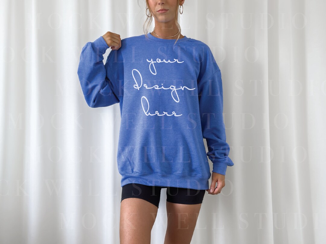Gildan 18000 Mockup Heather Sport Royal | Blue Sweatshirt Mockup, Model ...