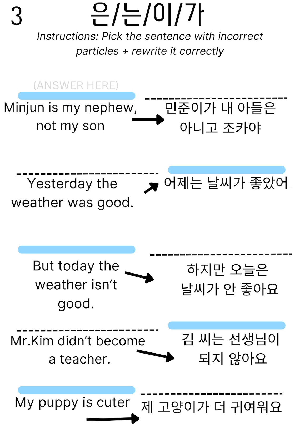 이/가 Vs 은/는 Practice Worksheets, Korean Particles Worksheets, Korean ...