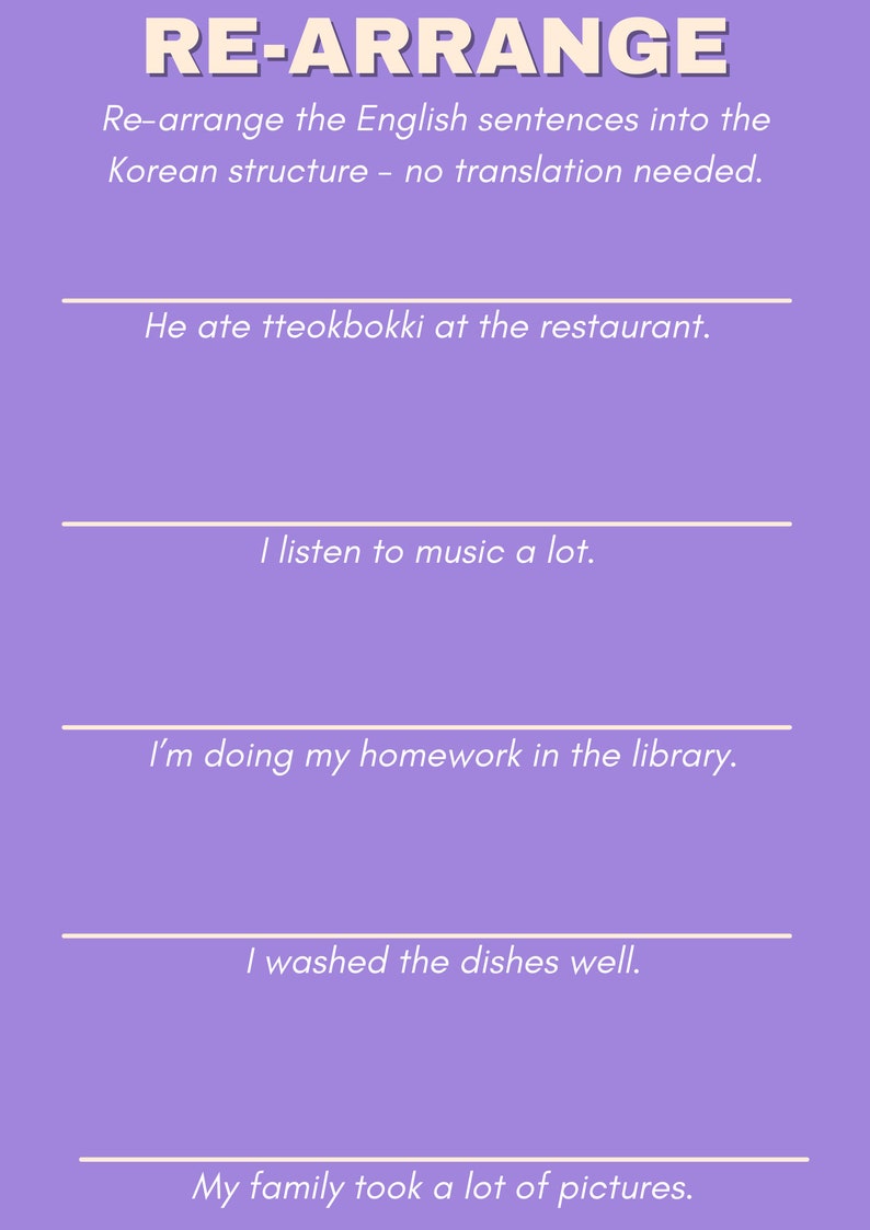 Korean PDF Sentence Practice, Korean Sentence Structure Worksheets ...